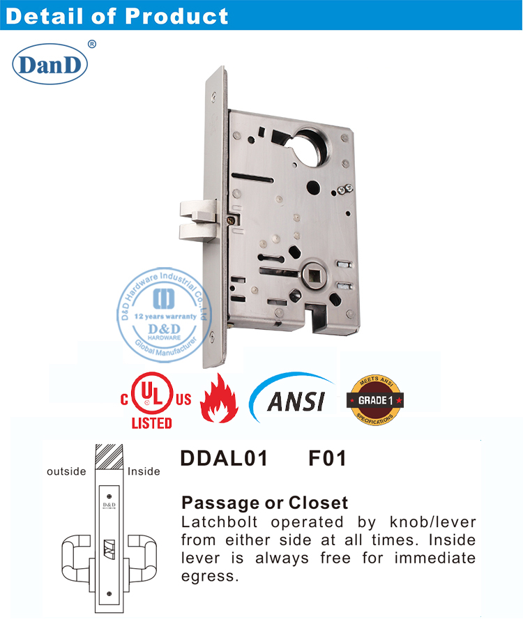 SUS304 ANSI Grade 1 Latchbolt Closet Passage Door Lock -DDAL01 - Buy ...