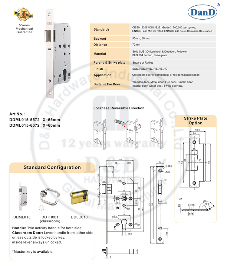 Stainless Steel 304 Euro Latchbolt Classroom Lock-DDML015 - Buy Door ...